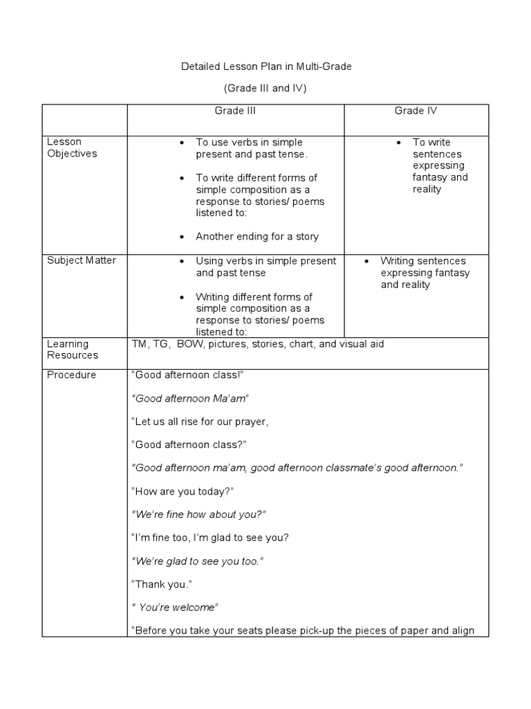 Detailed Lesson Plan in Multi Grade 3and 4 | PDF | Grammatical Tense ...