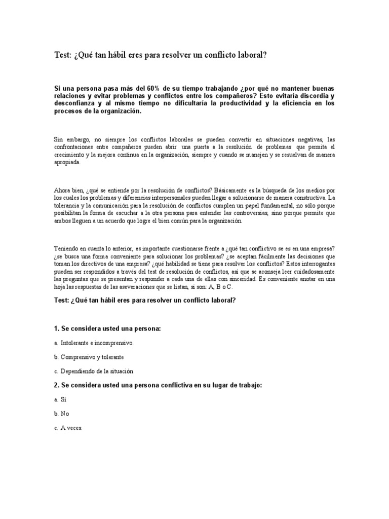 Test Conflicto Laboral 1 PREGUNTAS | PDF | Conflicto (proceso) | La ...