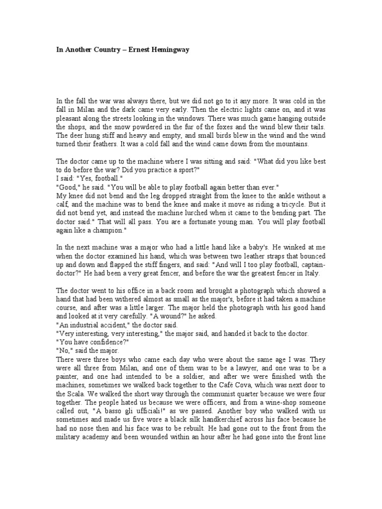Hemingway's "In Another Country" Analysis | PDF | Poetry | General Fiction