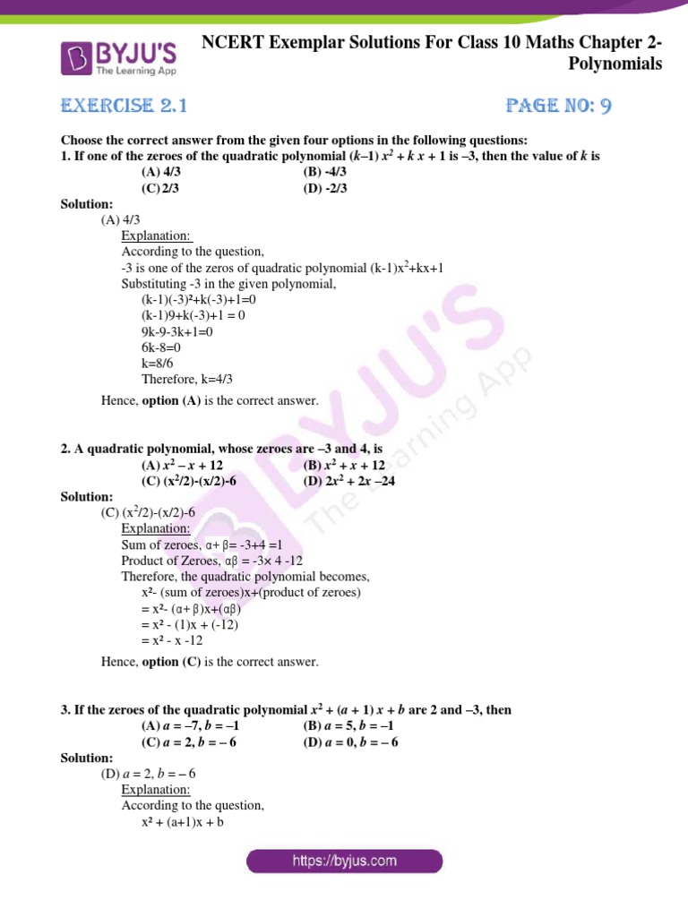 NCERT Exemplar Solution For Class 10 Maths Chapter 2 Polynomials | PDF | Zero Of A Function ...