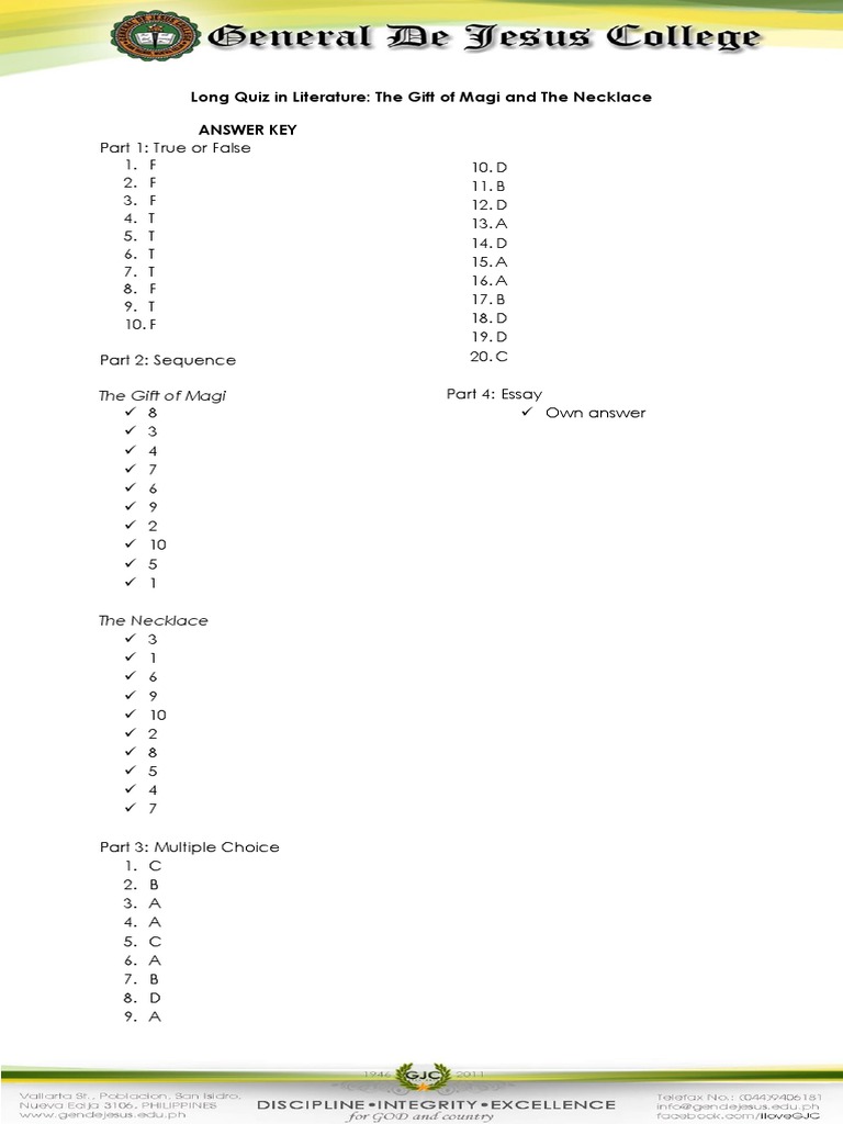 The Necklace and The Gift of Magi (Answer Key - Long Quiz) | PDF