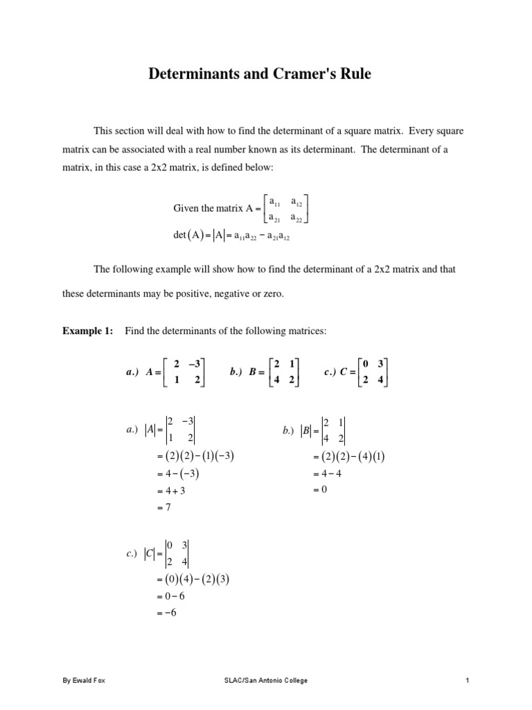 Determinants and Cramer's Rule: Example 1: Find The Determinants of The ...