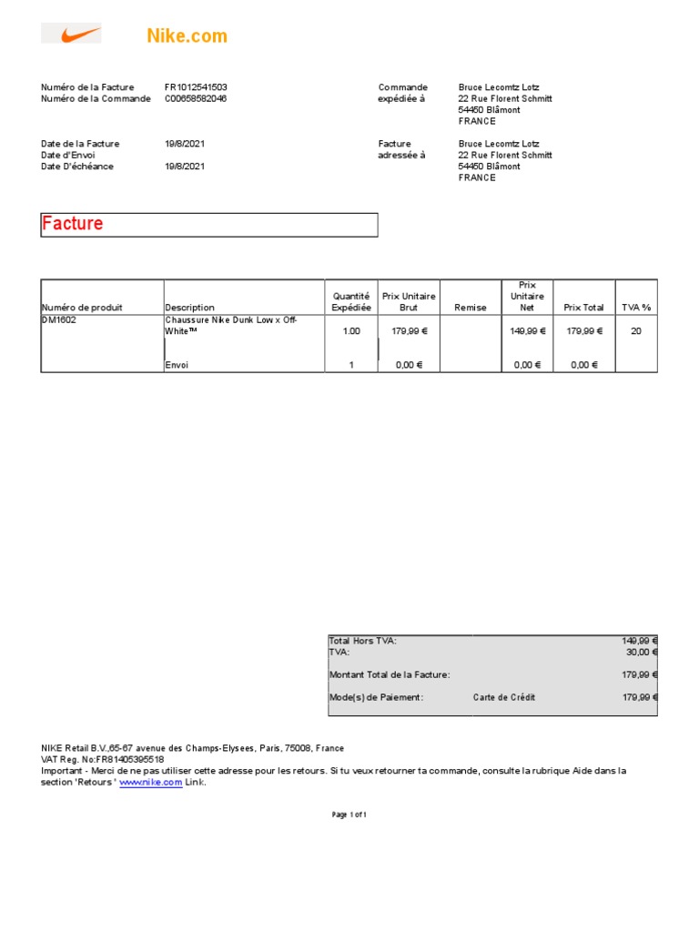 Facture Nike | PDF | Facture | Comptabilité