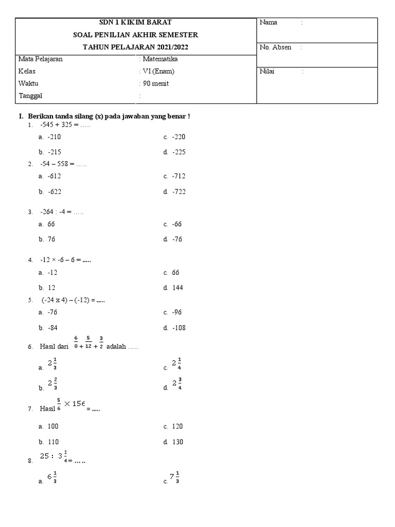 Soal Pas MTK KLS 6 | PDF