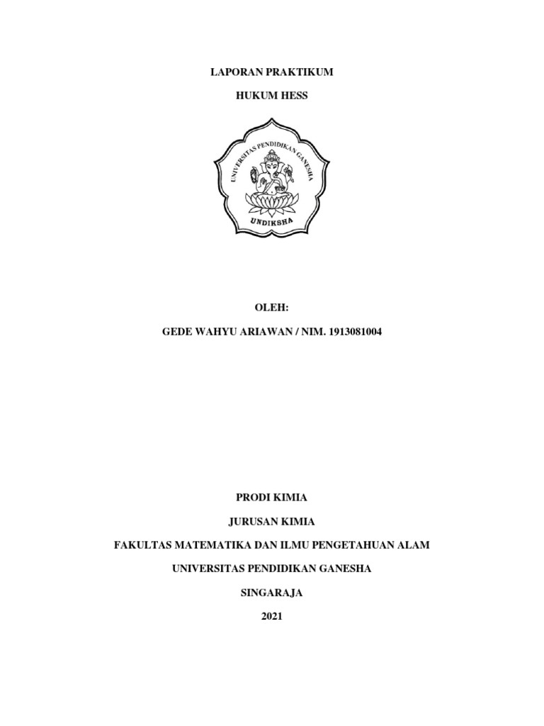 Laporan Praktikum 4 Hukum Hess - Gede Wahyu Ariawan - 1913081004 | PDF