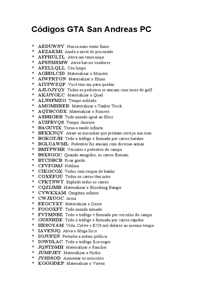 Códigos GTA San Andreas PC | PDF | Carro | Tráfego