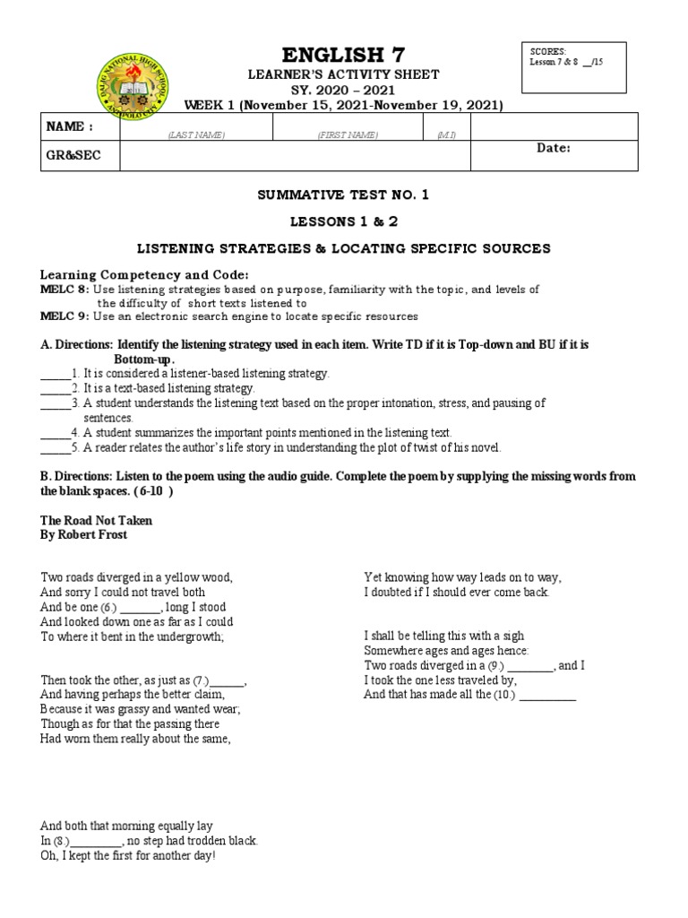 Q2 English 7 Summative Test 1 Lessons 1 2 Listening Strategies Locating ...