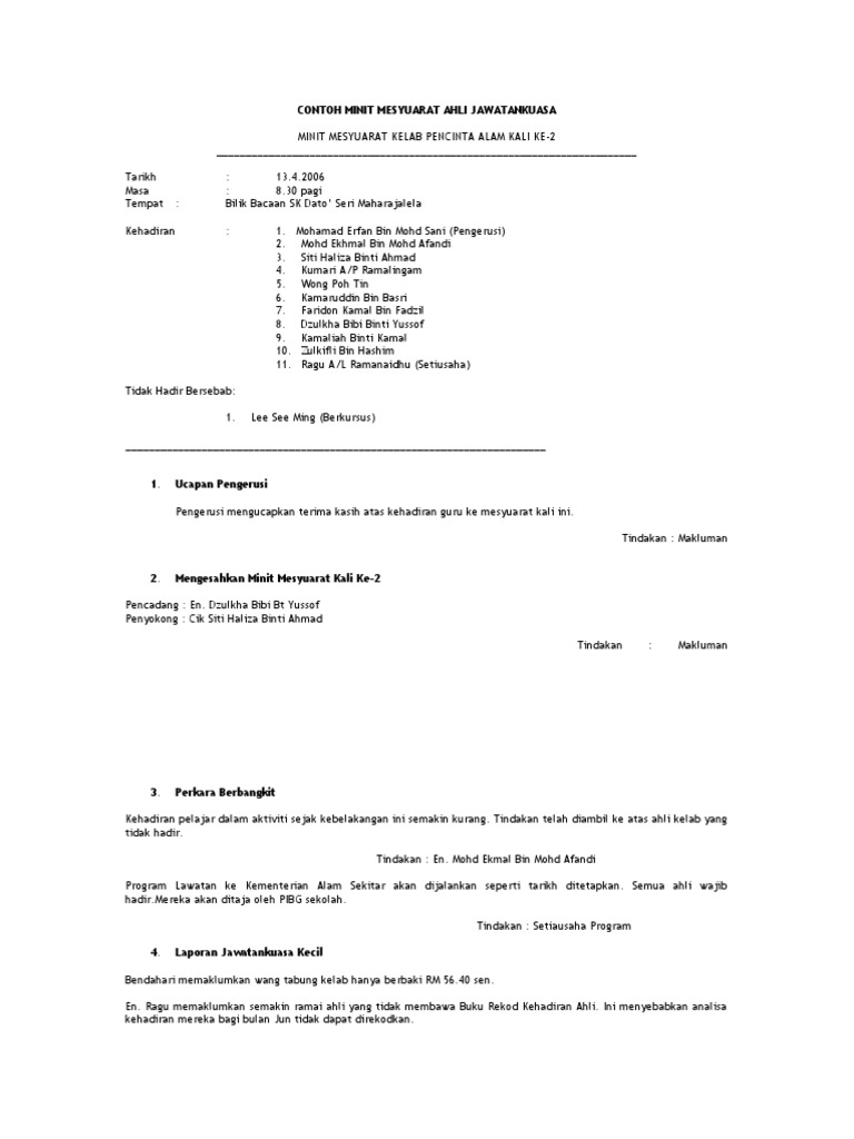 Contoh Minit Mesyuarat Ahli Jawatankuasa | PDF
