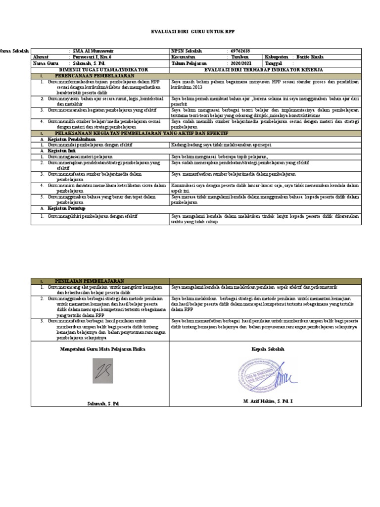 EVALUASI DIRI GURU UNTUK RPP 3 Mapel TTD | PDF