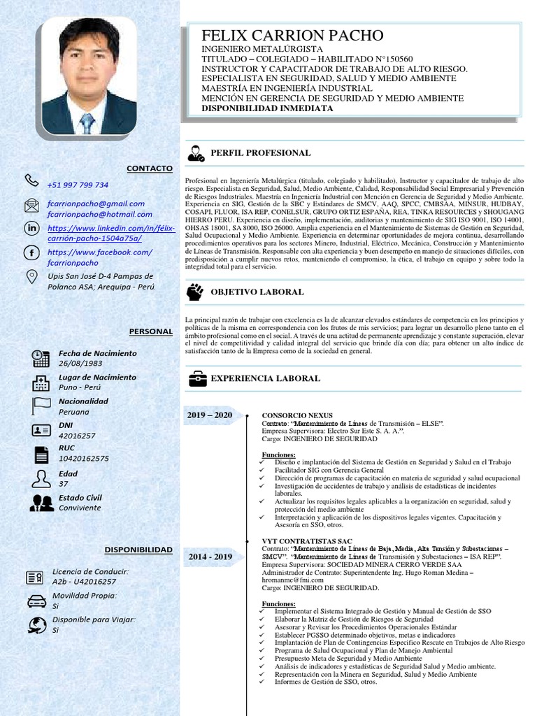 Félix Carrión: Ingeniero en Seguridad y SSO | PDF | Seguridad y salud ...