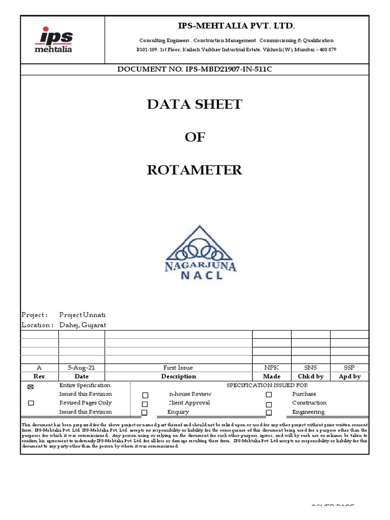 IPS-MBD21907-In-511C - Data Sheet of Rotameter - A | PDF | Pipe (Fluid ...