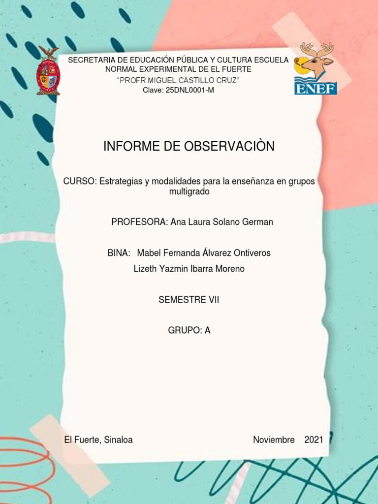 Observación en Escuela Multigrado Sibirijoa | PDF | Salón de clases