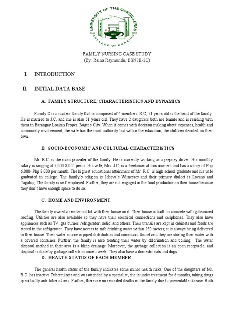 I. II. Initial Data Base: Family Nursing Case Study (By: Reina Raymundo ...
