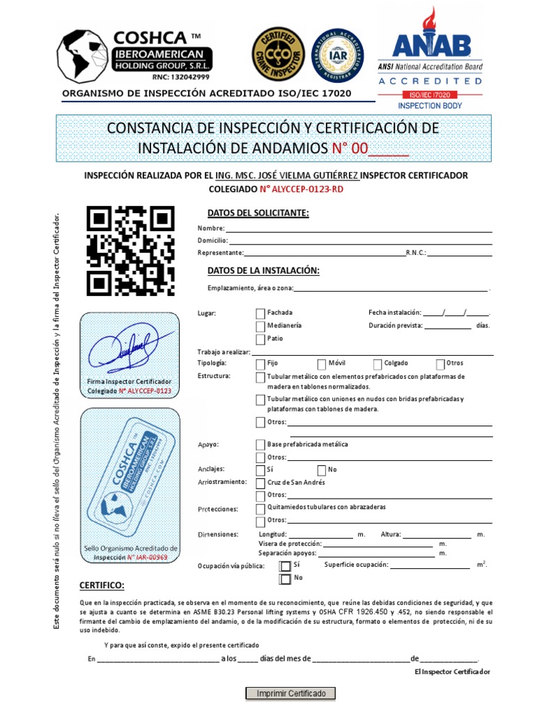 Constancia de Inspección y Certificación de Instalación de Andamios | PDF