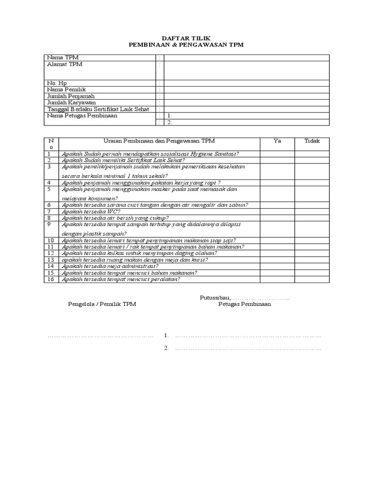 Form Pengawasan TPM Dinkes | PDF