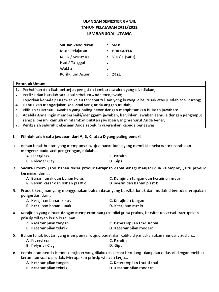 Soal Pas1 Prakarya 8 | PDF