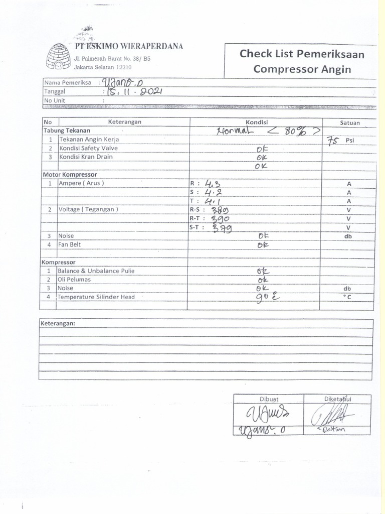 Checklist Pemeriksaan Compressor Angin | PDF