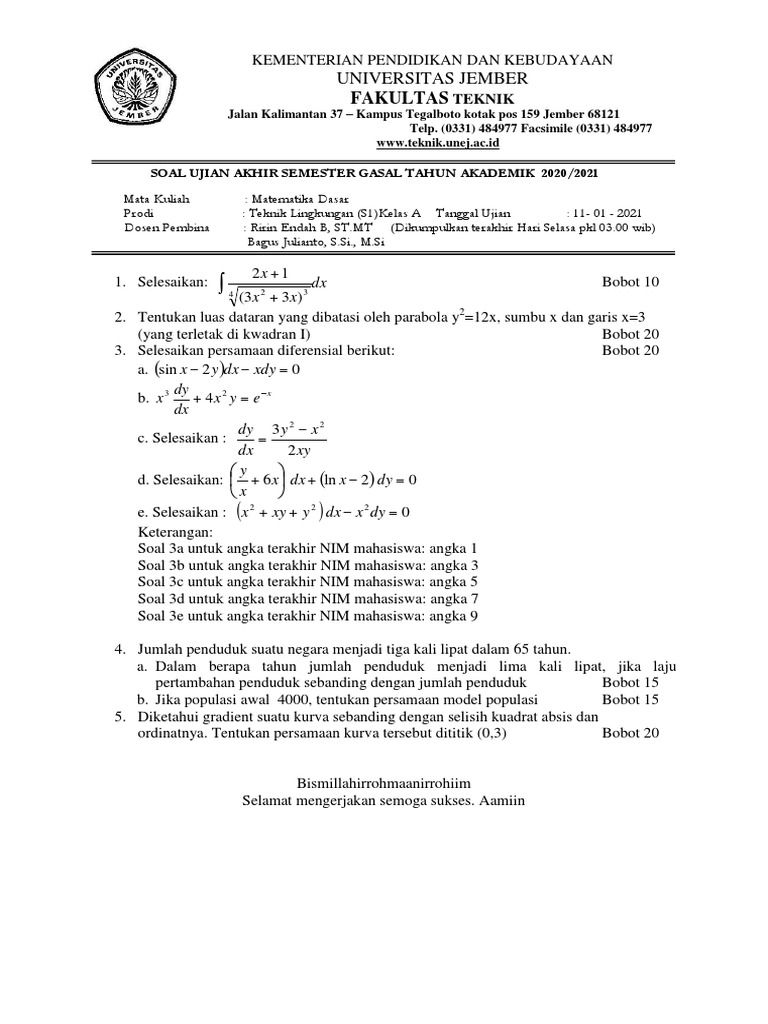 Soal Uas MTK Dasar Kelas A TL 2021 | PDF