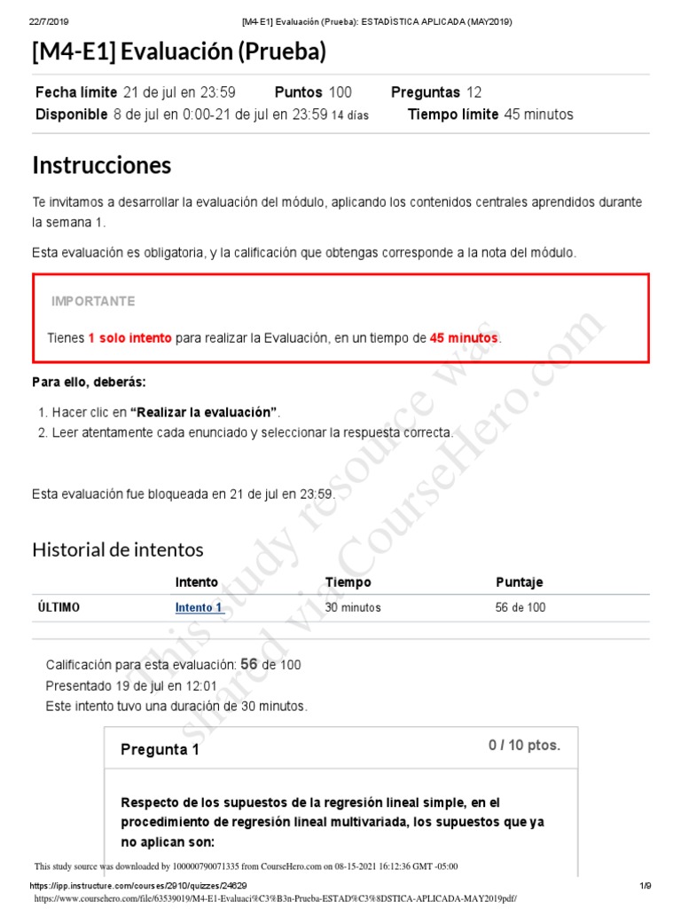 m4 E1 Evaluaci N Prueba Estad Stica Aplicada May2019 PDF | PDF | Coeficiente de determinación ...