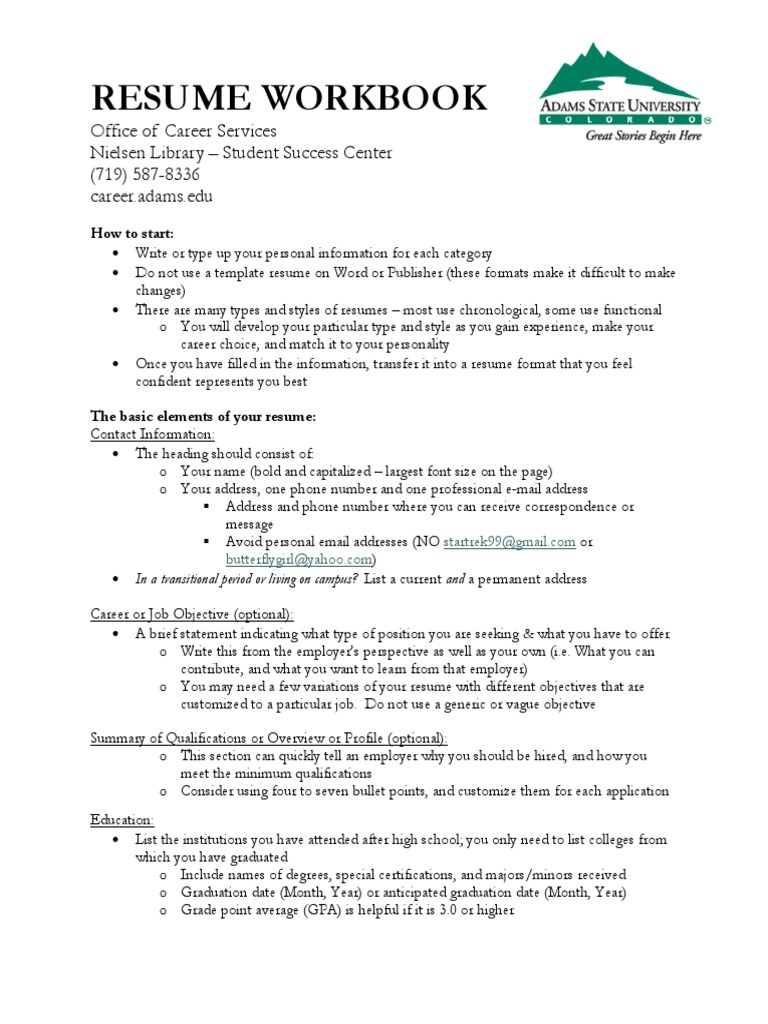 Resume Workbook: Office of Career Services Nielsen Library - Student ...