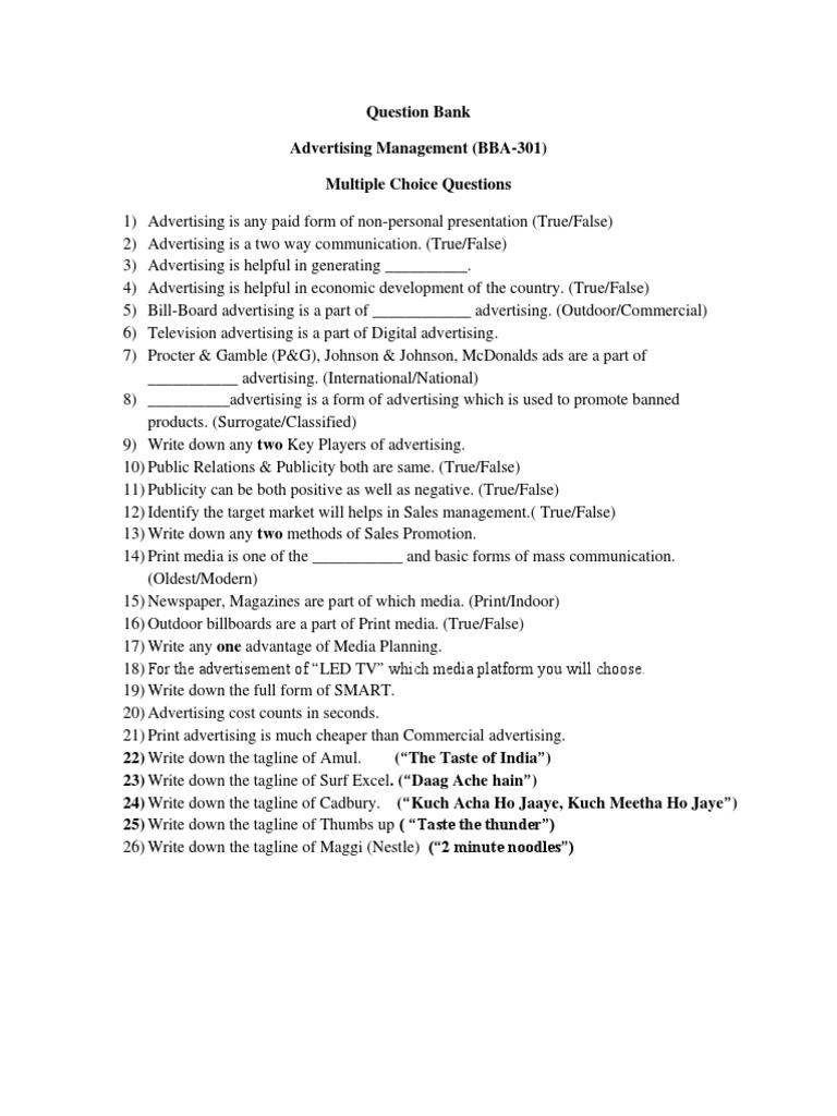 Advertising Management Exam Questions | PDF | Advertising | Mass Media