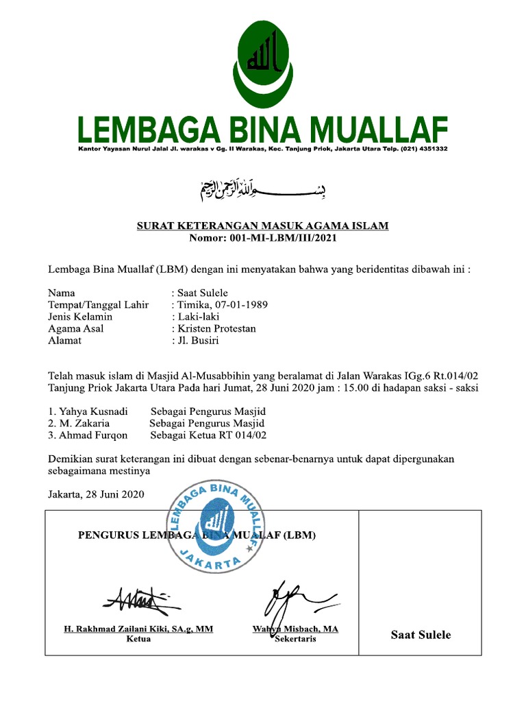 Surat Ket Muallaf Tanpa Foto | PDF