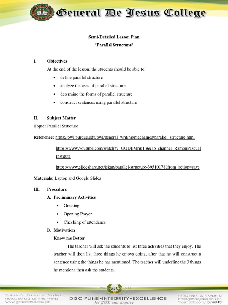 Parallel Structure - Lesson Plan - Vil Daril Santos | PDF | Clause ...