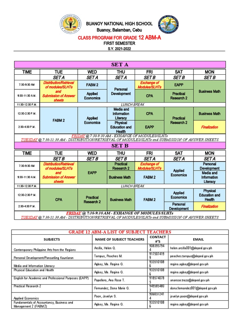 Buanoy National High School Class Program for Grade 12 ABM-A First Semester | PDF | Science And ...