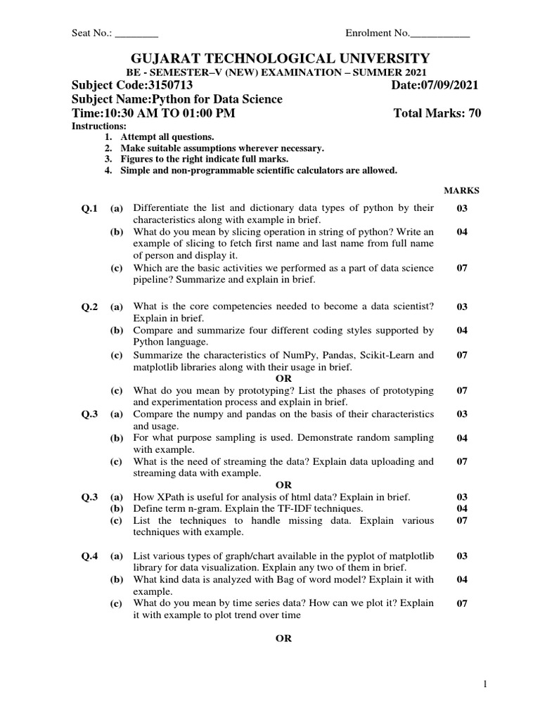 GTU Python for Data Science Exam Questions | PDF | Data Analysis | Data