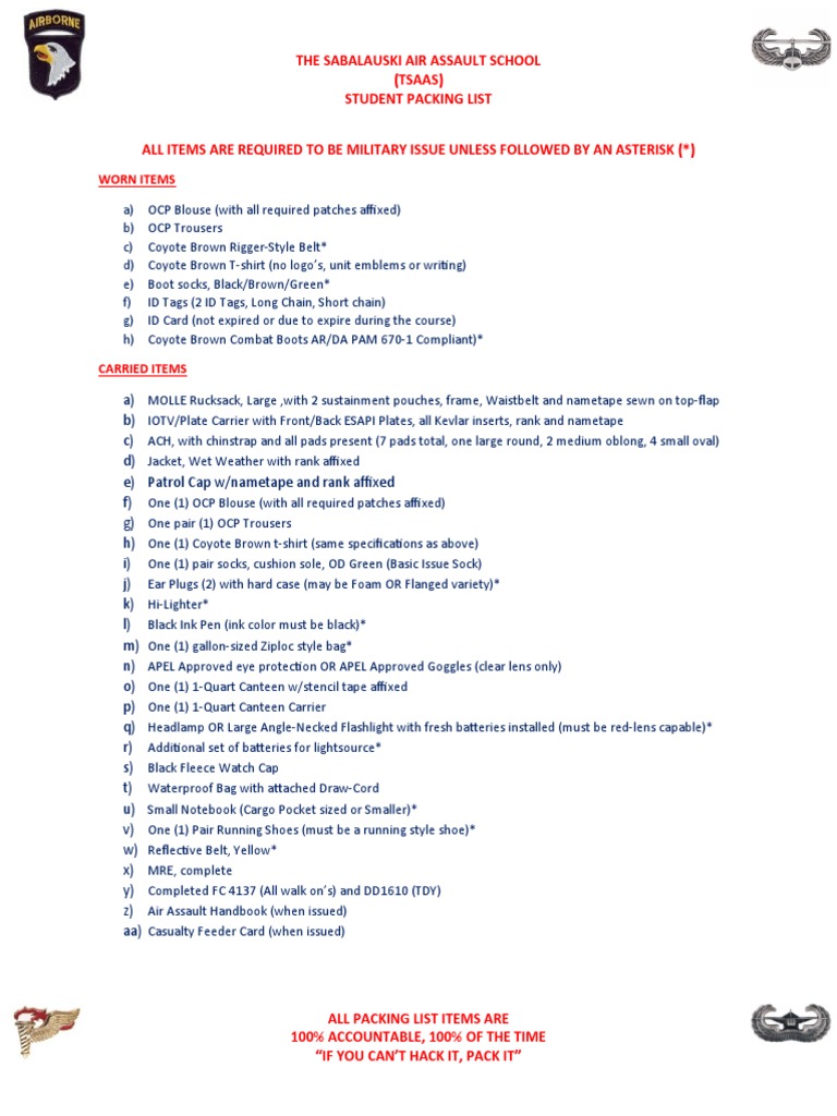 The Sabalauski Air Assault School (Tsaas) Student Packing List | PDF ...