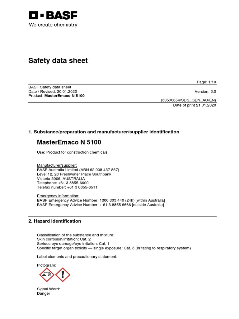 BASF - MasterEmaco N5100 Nanocrete FC - SDS - Exp 01-25 | PDF ...