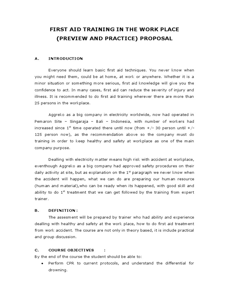 First Aid Training in The Work Place (Preview and Practice) Proposal ...