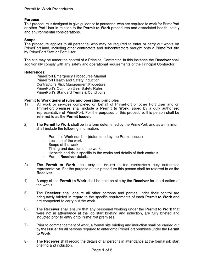 Permit To Work Procedures: Purpose | PDF | Safety | Risk