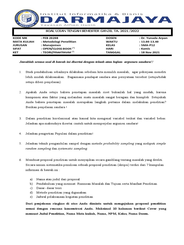 2021 Soal UTS Metopen 5MA-P12 | PDF
