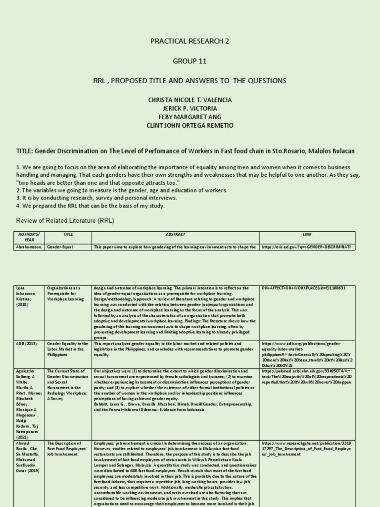 Practical Research 2 Group 11 RRL, Proposed Title and Answers To The ...