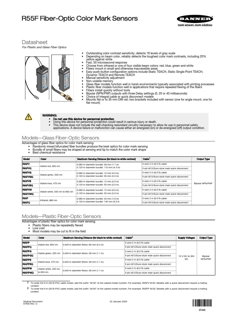 Sensor Fibra Optica R55F Banner | PDF | Optical Fiber | Switch