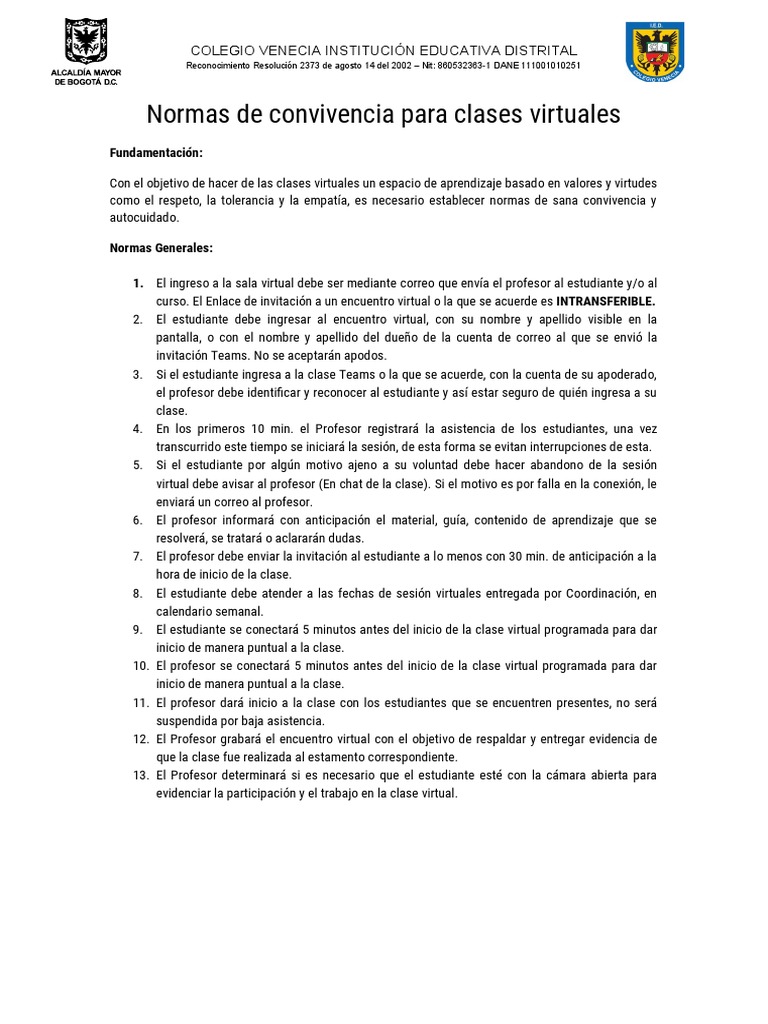 Normas de Convivencia para Clases Virtuales | PDF | Maestros | Chat en ...