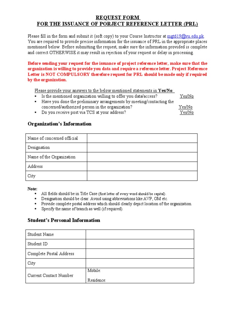 Request Form For The Issuance of Porject Reference Letter (PRL) | PDF