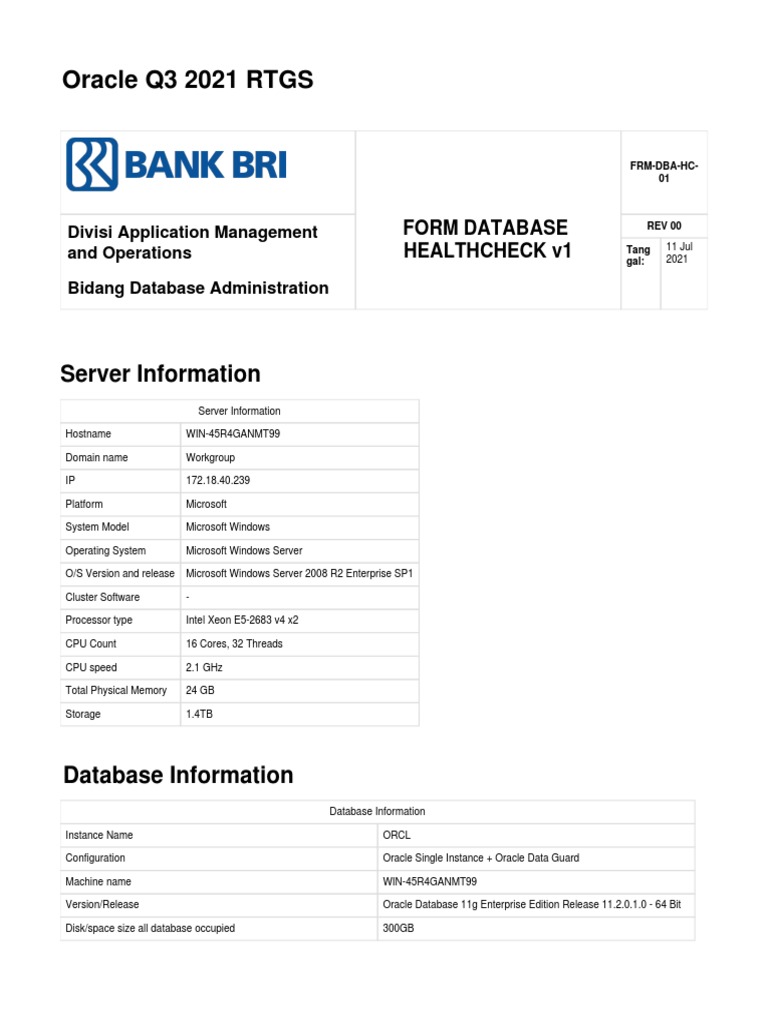 Oracle Q3 2021 RTGS: Server Information | PDF | Databases | Sql