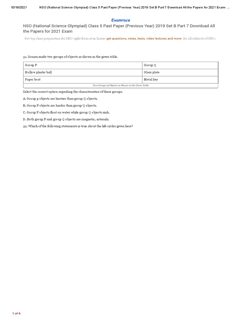 NSO (National Science Olympiad) Class 5 Past Paper (Previous Year) 2019 ...