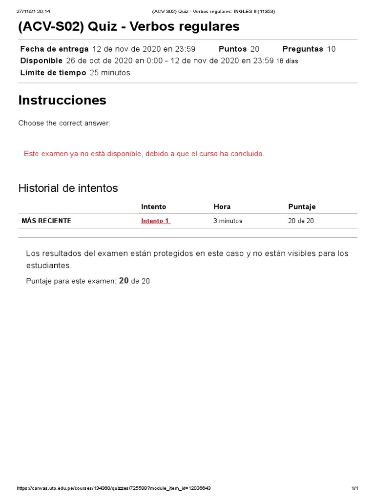 (ACV-S02) Quiz - Verbos Regulares - INGLES II (11353) | PDF