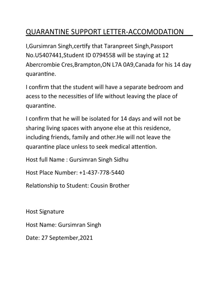 Quarantine Support Letter | PDF