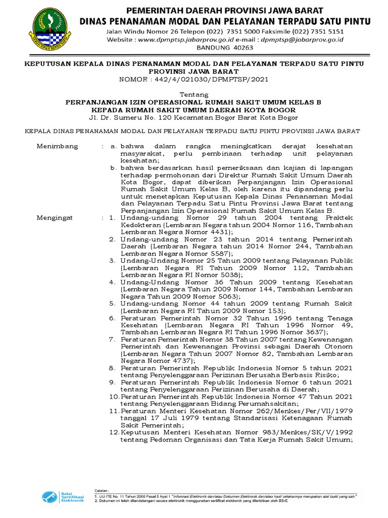 Surat Ijin Operasional Rumah Sakit | PDF