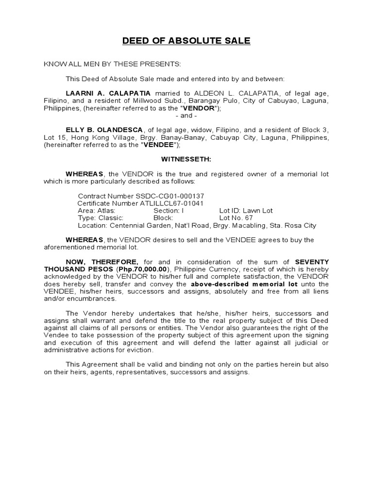 Deed of Sale Memorial Lot1 | PDF | Deed | Property Law