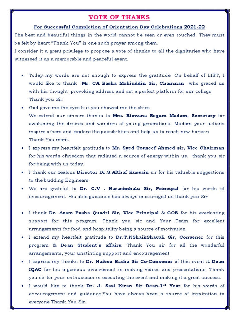 Vote of Thanks by Organizing Committee - OP-2021-2022 | PDF