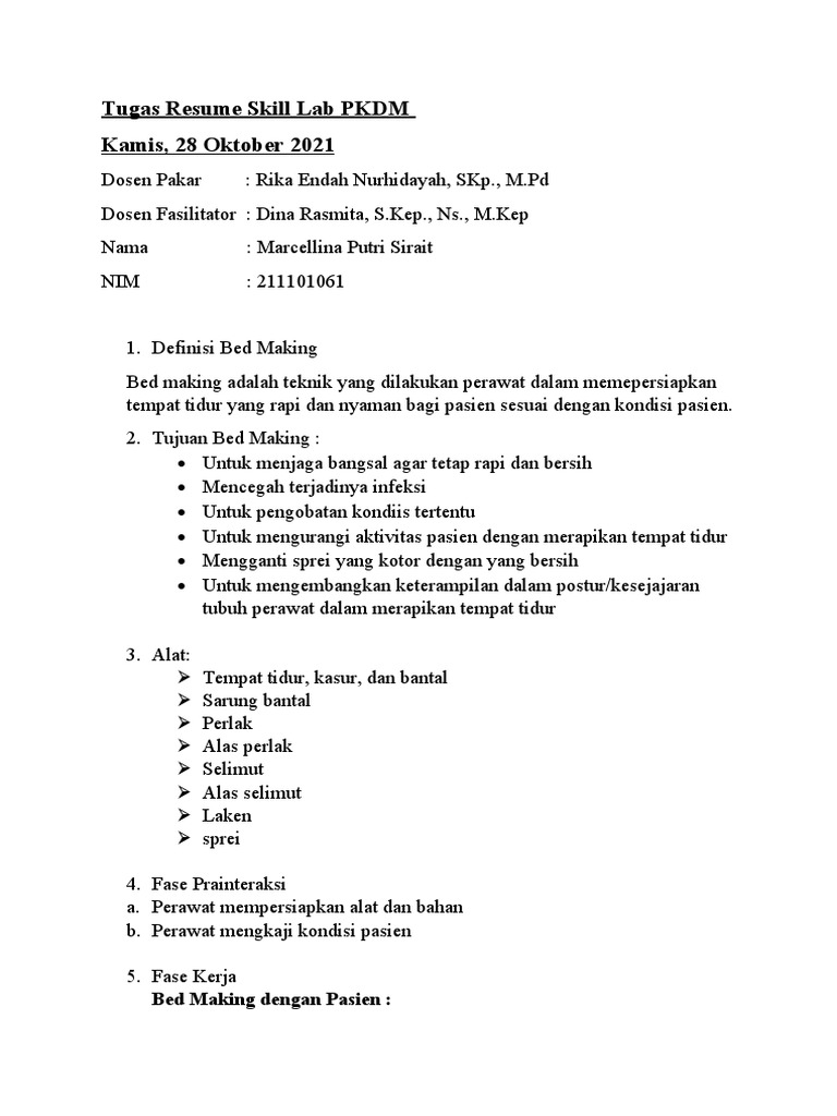Tugas Resume Skill Lab PKDM Bed Making | PDF | Sains & Matematika