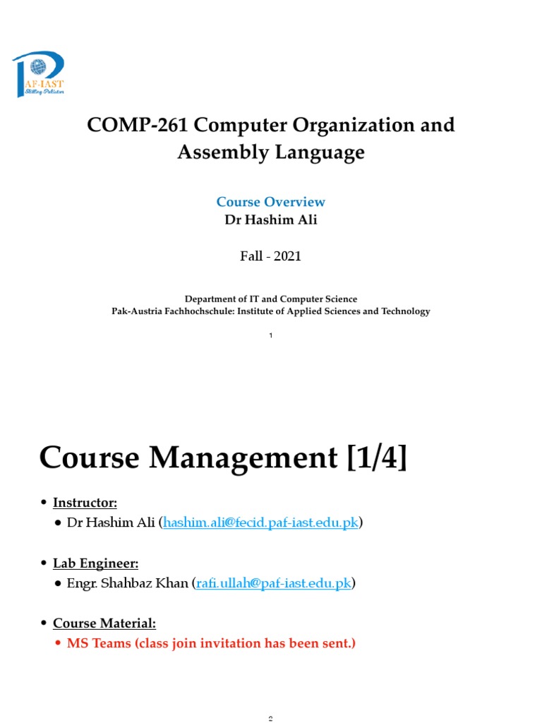 COMP-261 Computer Organization and Assembly Language: Course Overview ...