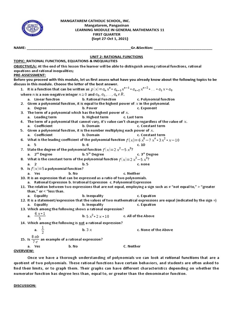 Gen Math Week 6 Module | PDF | Polynomial | Function (Mathematics)