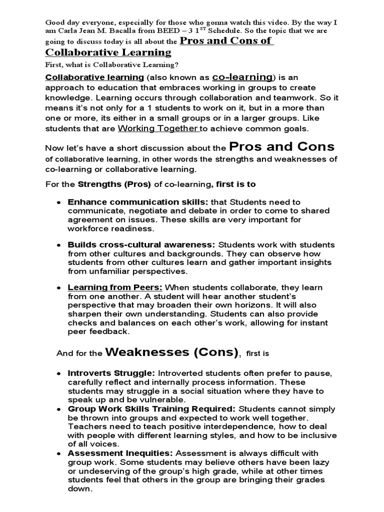 Pros and Cons of Collaborative Learning | PDF | Learning | Educational ...
