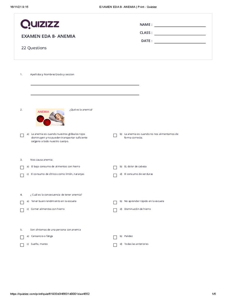 Examen Eda 08-Anemia | PDF | Alimentos | Hierro